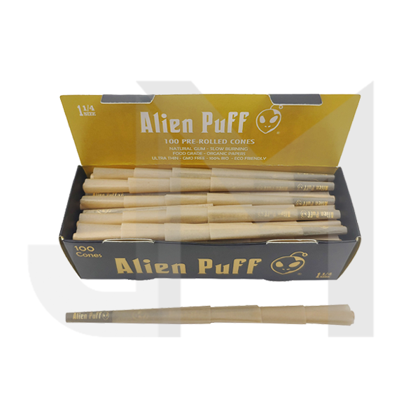 100 Alien Puff Black & Gold 1 1/4 Size Pre-Rolled Cones ( HP130 )