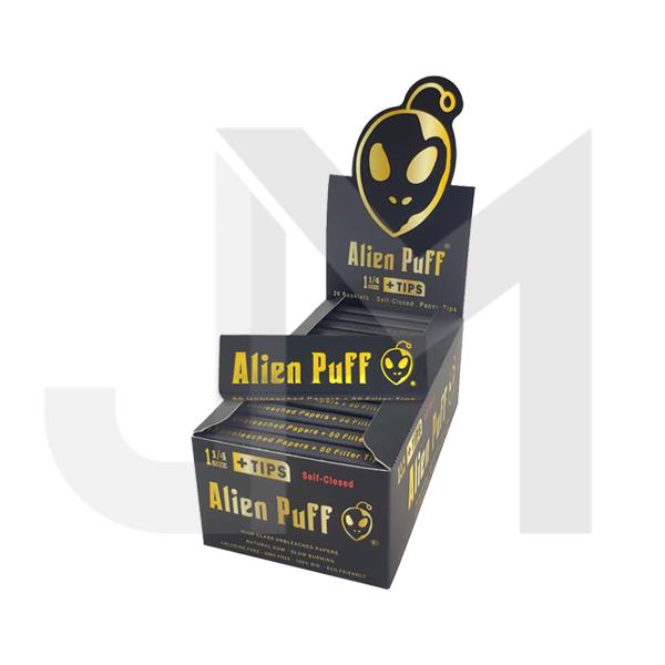 50 Alien Puff Black & Gold 1 1/4 Size Unbleached Brown Papers + Tips